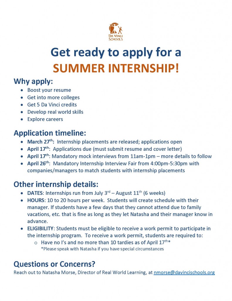 Summer 2017 Internship Timeline Eligibility Flyer | Da Vinci Science