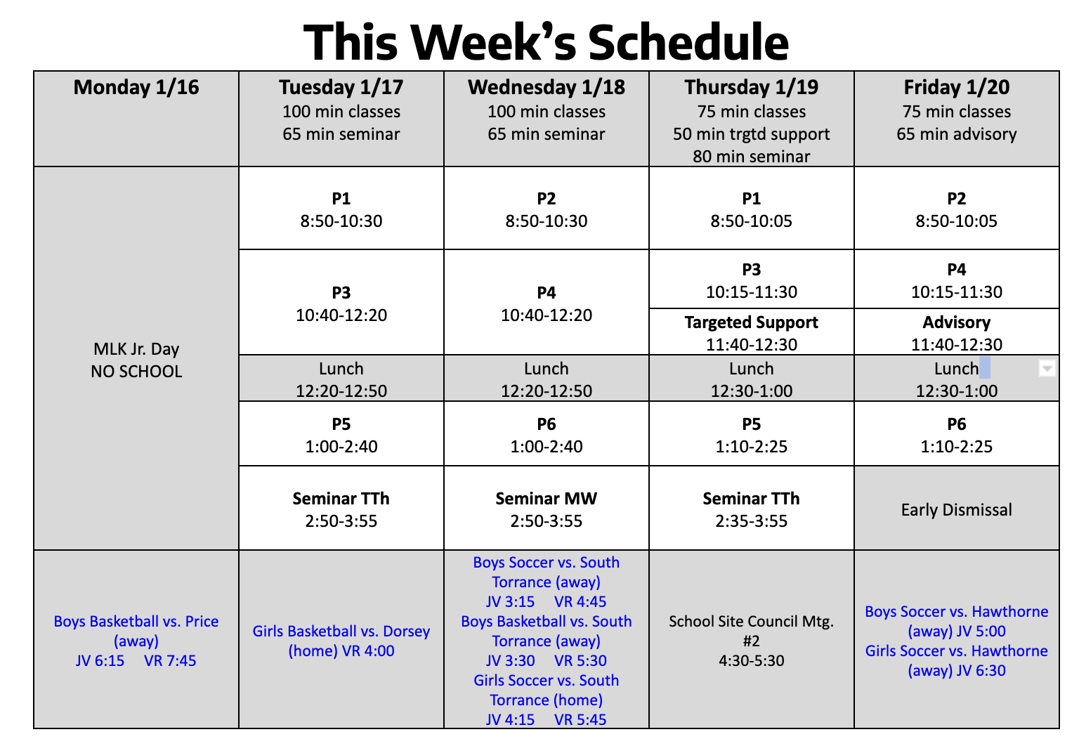 Week 19 Schedule – No School Monday in Honor of Dr. Martin Luther King | Da Vinci Science