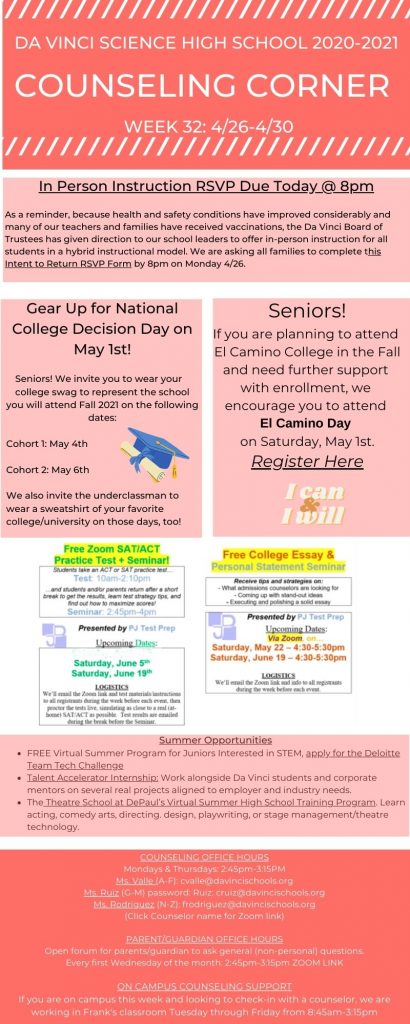 Week 32: Counseling Corner | Da Vinci Science